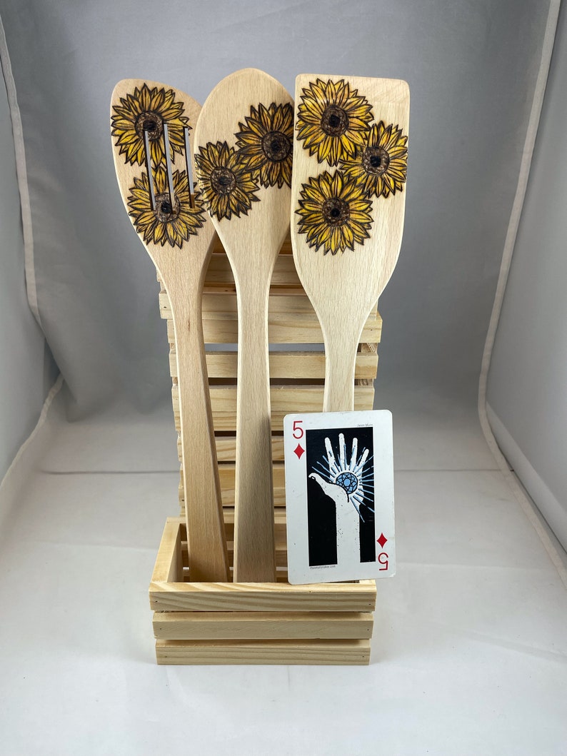 Sunflowers Wood Burned Beech Kitchen Utensil Set, Pyrography Wood ...