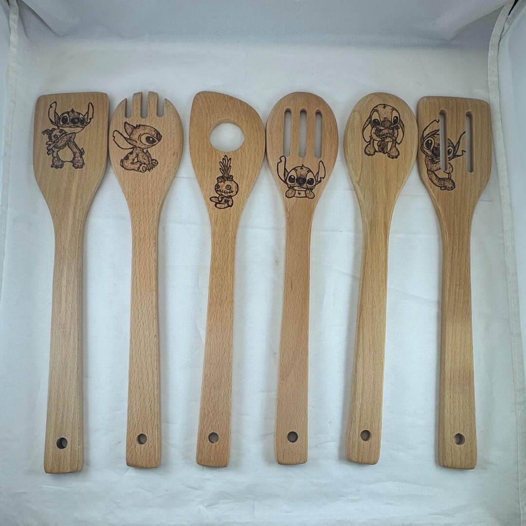 Stitch and Crump Wood Burned Beech Utensil Set of 6, Pyrography Wood ...