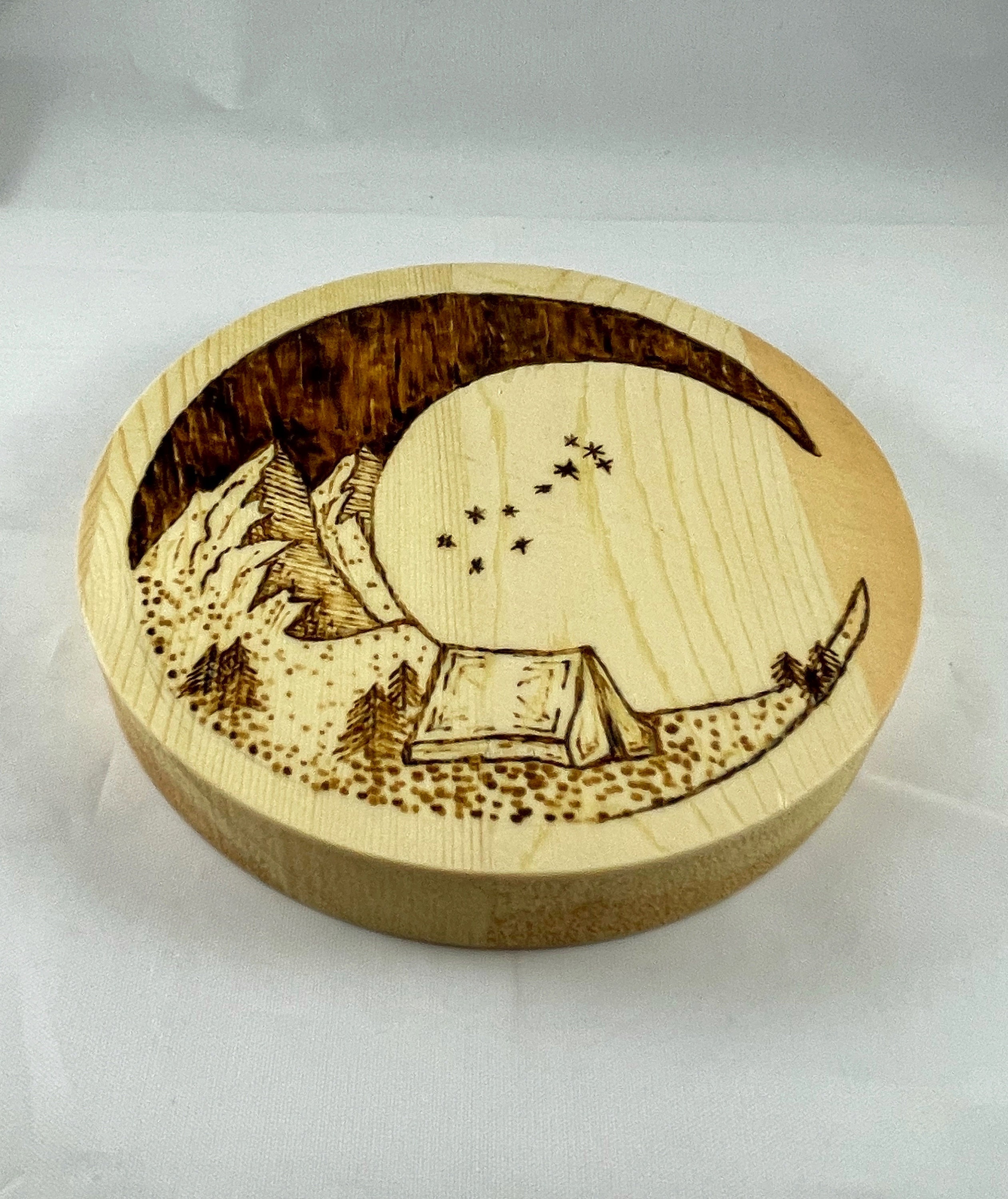 Mountains Camping Crescent Moon Wood Trivet | Pyrography Wood Burn Art ...