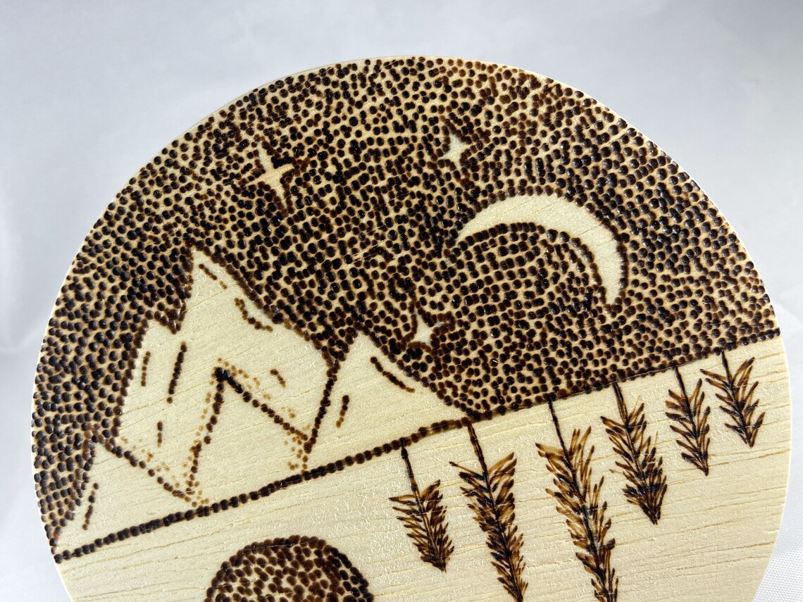 Mountains/forest + Sun/moon Yin Yang Wood Trivet | Pyrography Wood Burn ...