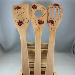 Ladybugs Wood Burned Beech Utensil Set, Pyrography Wood Burning Art ...
