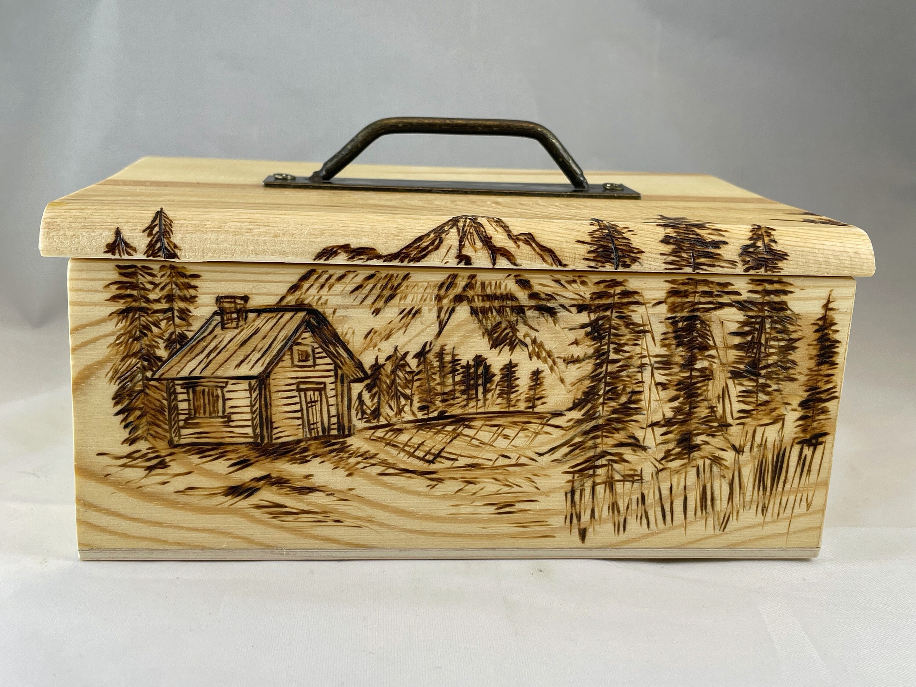 Rustic Cabin in Mountain Forest Wood Burned Trinket Box, Pyrography ...