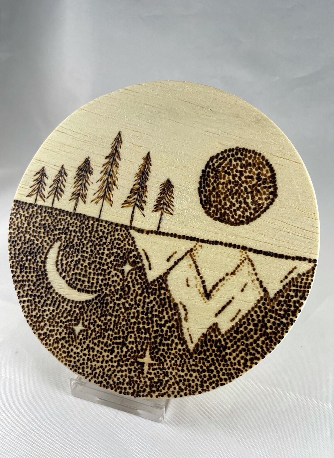 Mountains/forest + Sun/moon Yin Yang Wood Trivet | Pyrography Wood Burn ...