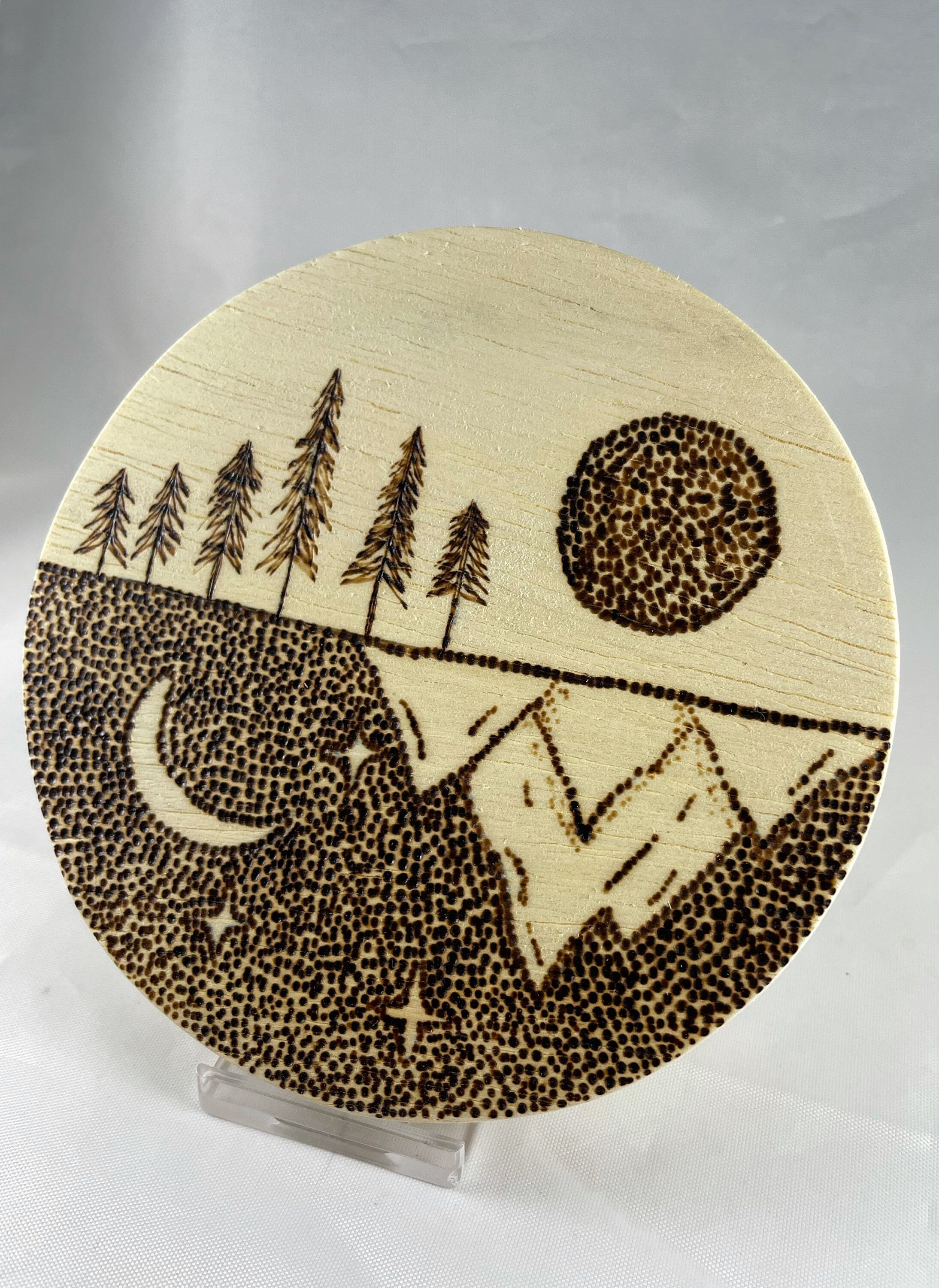 Mountains/forest + Sun/moon Yin Yang Wood Trivet | Pyrography Wood Burn ...
