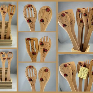 Ladybugs Wood Burned Beech Utensil Set, Pyrography Wood Burning Art ...