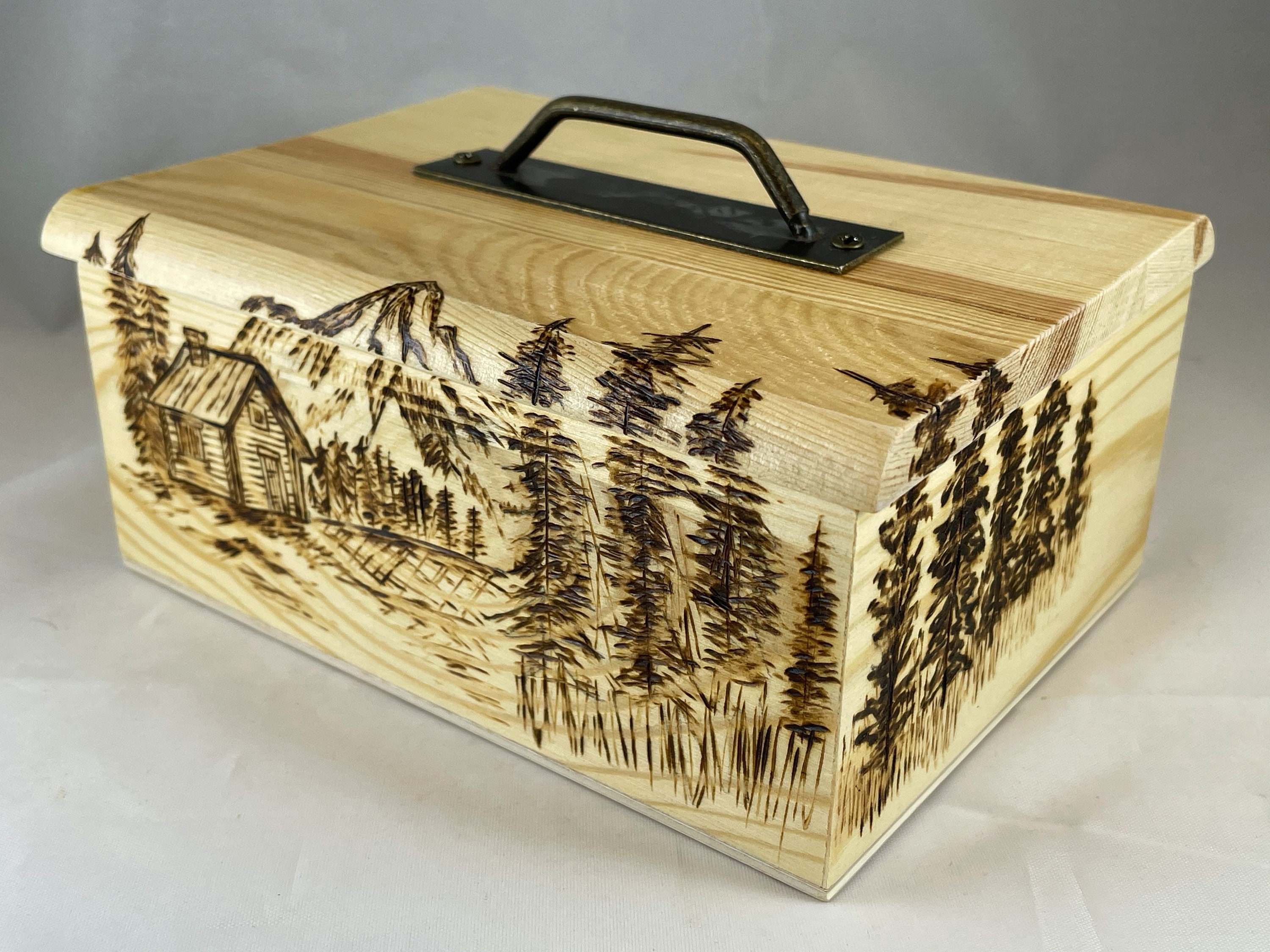 Rustic Cabin in Mountain Forest Wood Burned Trinket Box, Pyrography ...