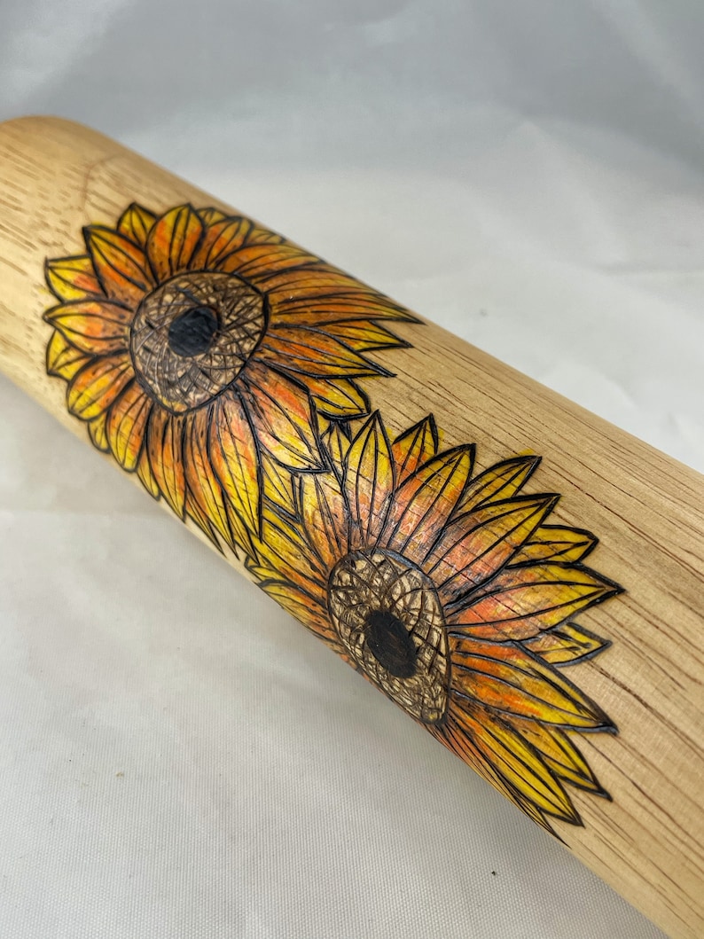 Sunflowers Wood Burned Rolling Pin, Pyrography Wood Burning Art, Unique ...