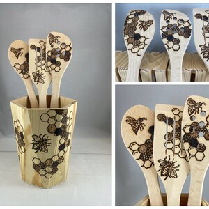 Honeybee Honeycomb Wood Burned Beech Utensil Set, Pyrography Wood ...