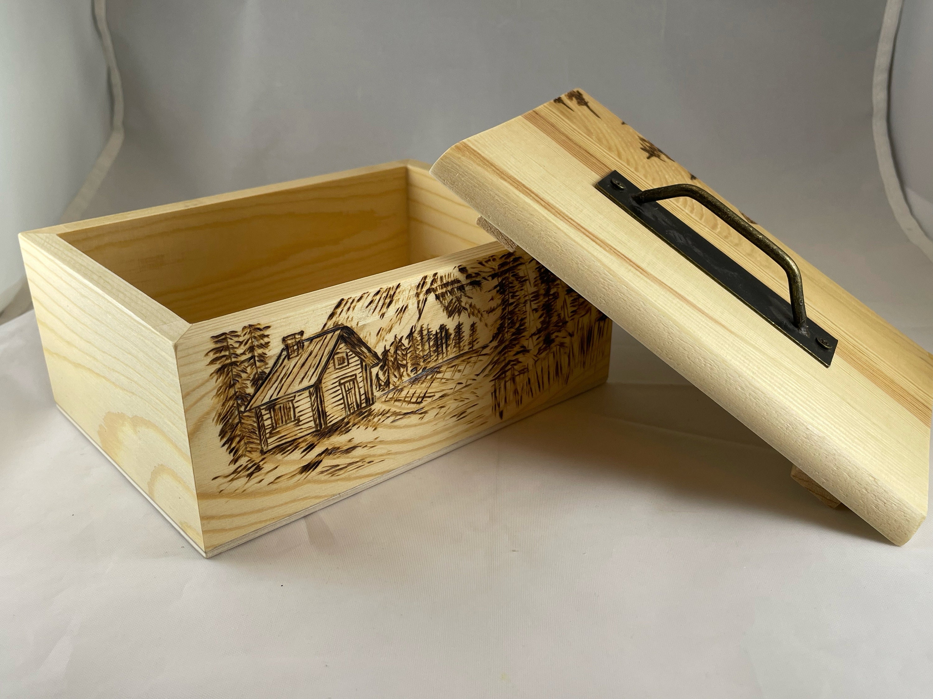 Rustic Cabin in Mountain Forest Wood Burned Trinket Box, Pyrography ...