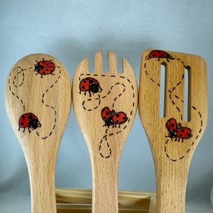 Ladybugs Wood Burned Beech Utensil Set, Pyrography Wood Burning Art ...