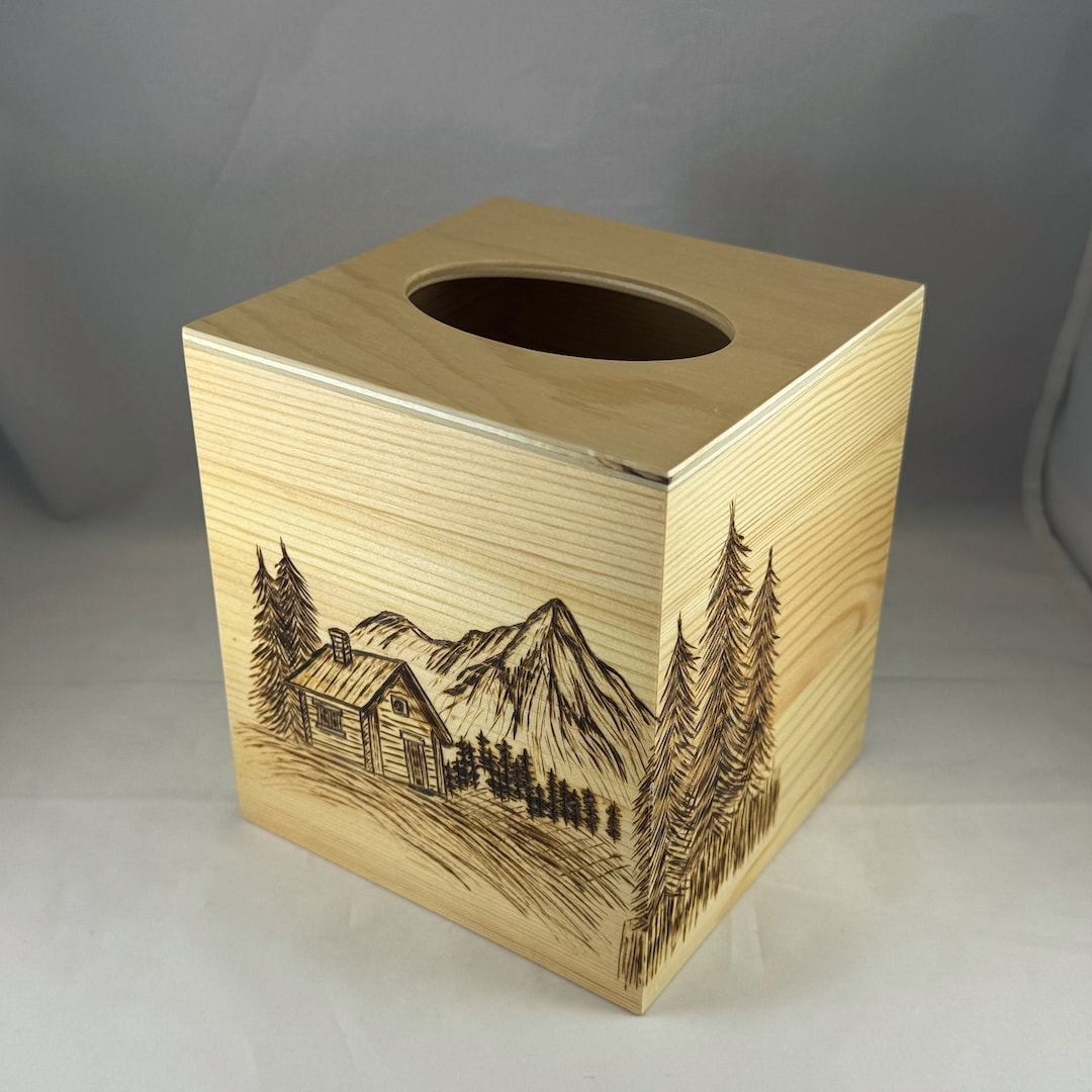 Cabin, Mountains, & Trees Wood Burned Tissue Box Holder, Wood Burning ...