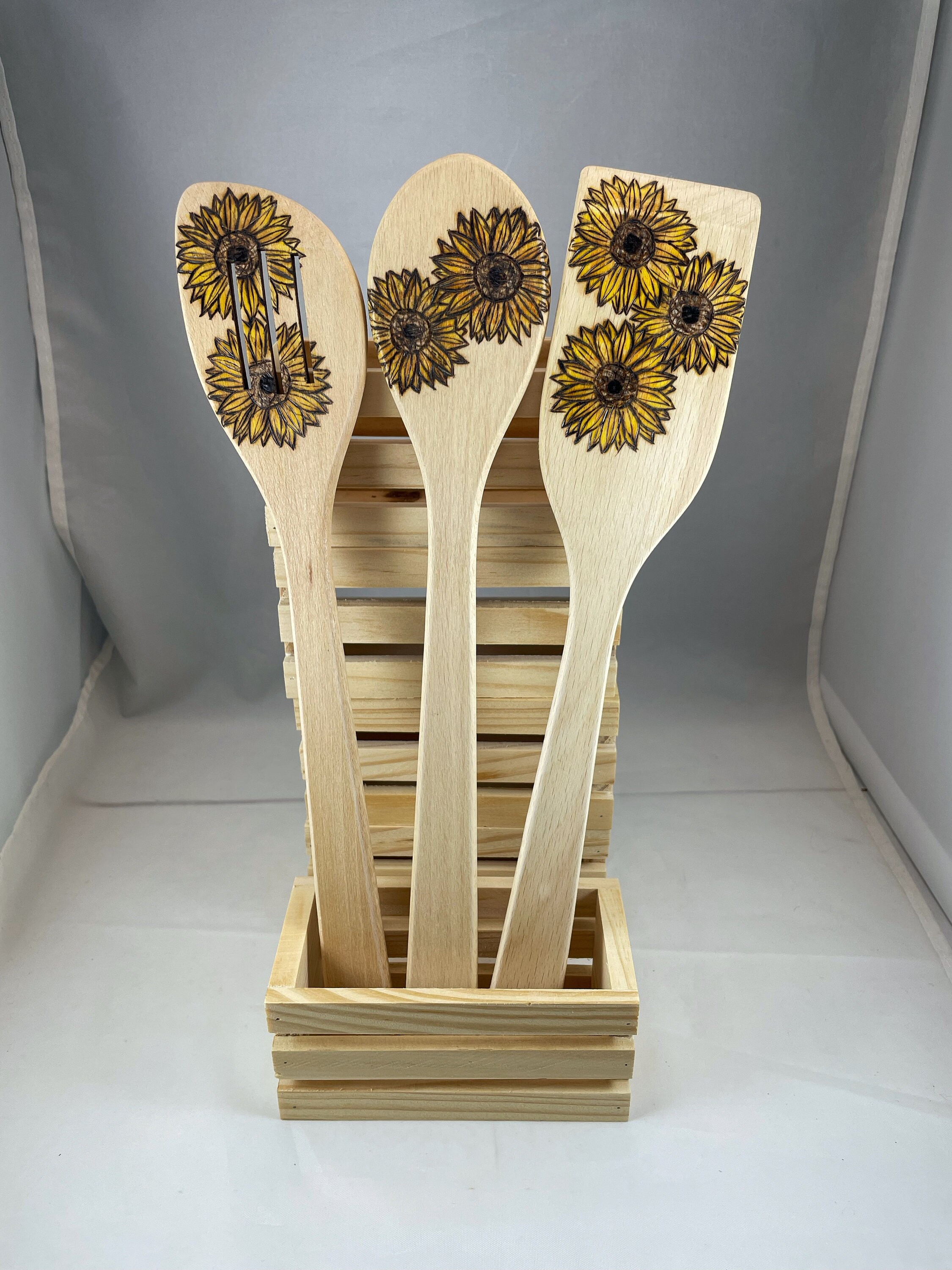 Sunflowers Wood Burned Beech Kitchen Utensil Set, Pyrography Wood ...