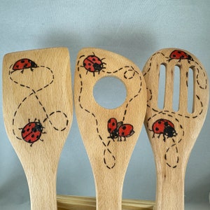 Ladybugs Wood Burned Beech Utensil Set, Pyrography Wood Burning Art ...