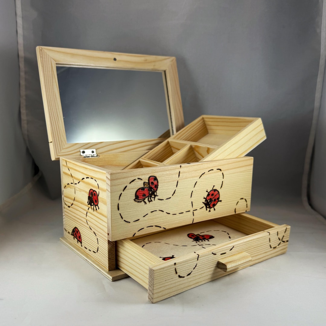 Ladybugs Flying Wood Burned Jewelry Box, Pyrography Wood Burning Art ...