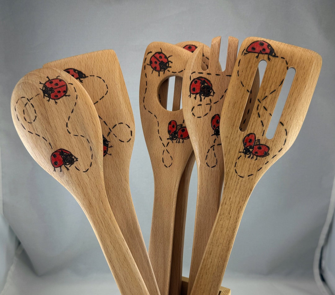 Ladybugs Wood Burned Beech Utensil Set Pyrography/wood Burn Art Unique ...