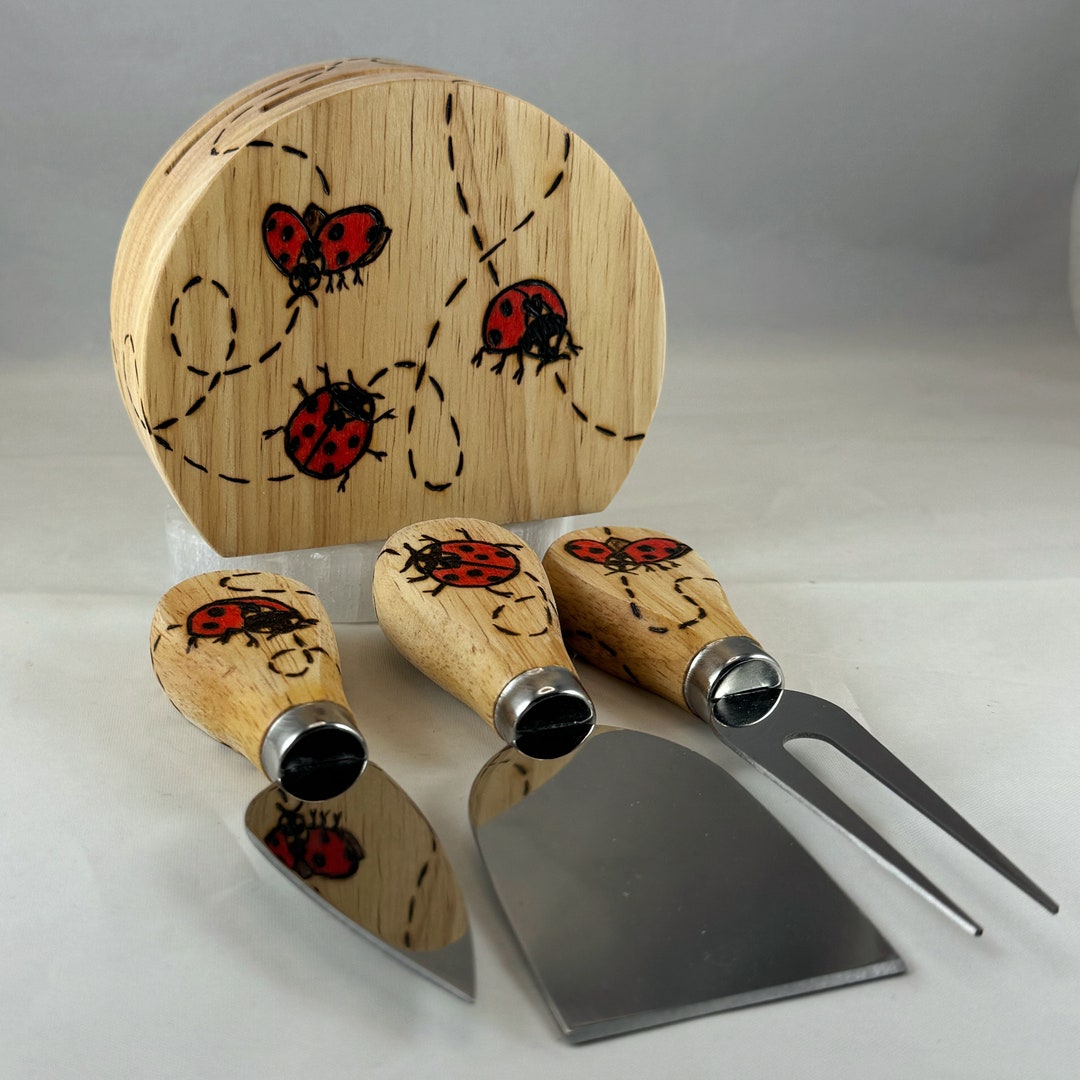 Ladybugs Flying Wood Burned Cheese Knife Set Holder, Pyrography Wood ...