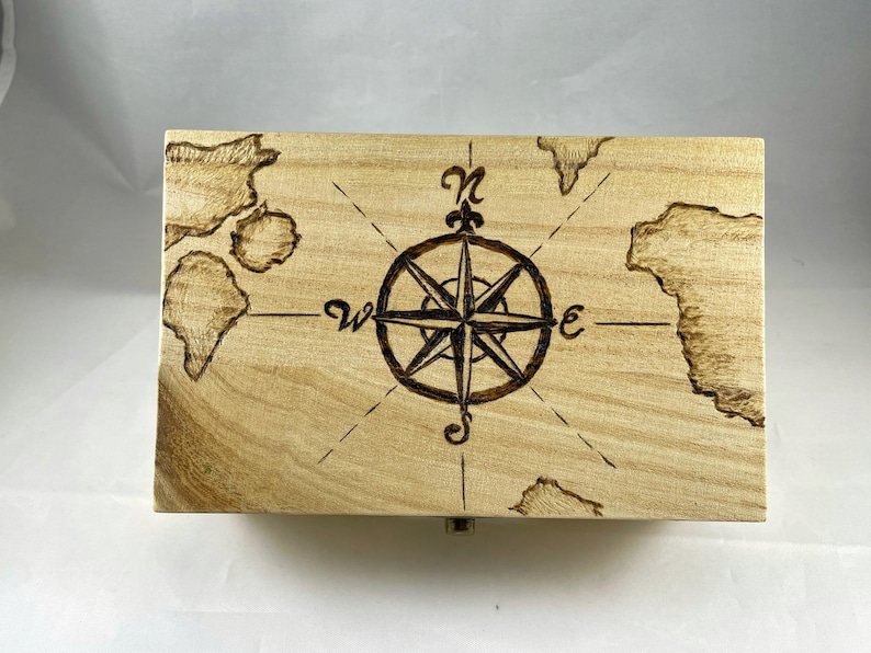 Compass & Map Wood Burn Trinket Box Wood Burn Art/Pyrography | Etsy