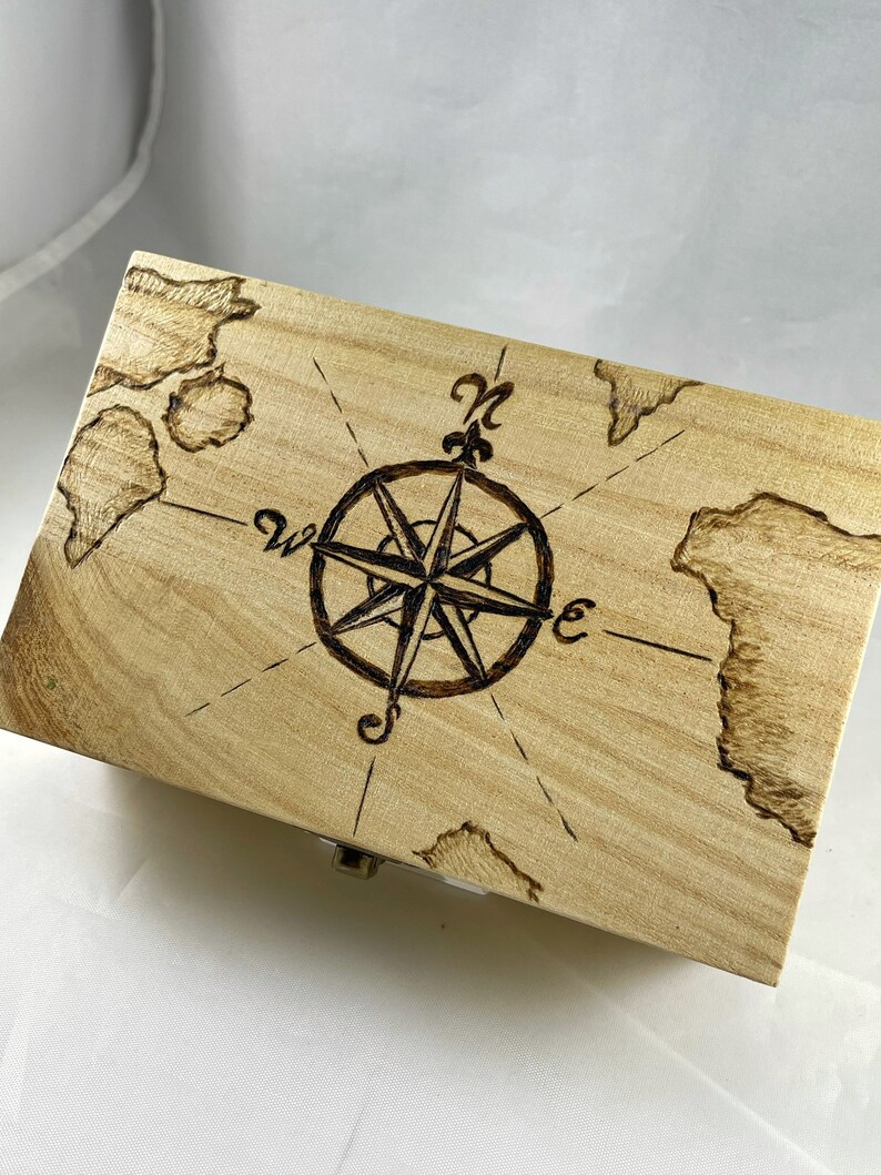 Compass & Map Wood Burn Trinket Box Wood Burn Art/Pyrography | Etsy
