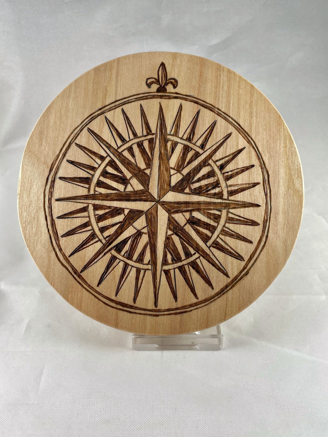 Compass Rose Wood Trivet Pyrography Wood Burn Art Hot Plate Protection ...