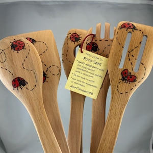 Ladybugs Wood Burned Beech Utensil Set, Pyrography Wood Burning Art ...
