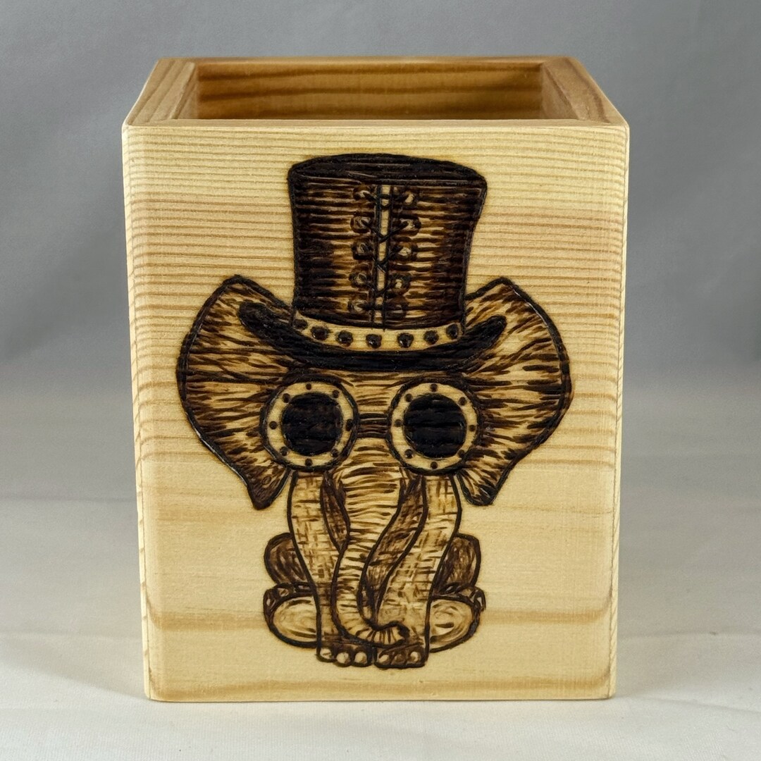 Steampunk Elephant W Top Hat Wood Burned Holder Pyrography Desk Home ...