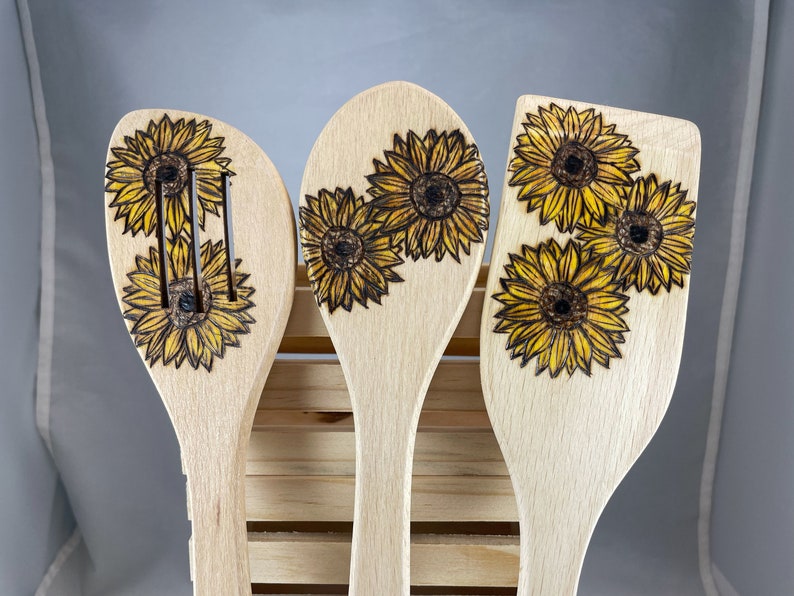 Sunflowers Wood Burned Beech Kitchen Utensil Set, Pyrography Wood ...