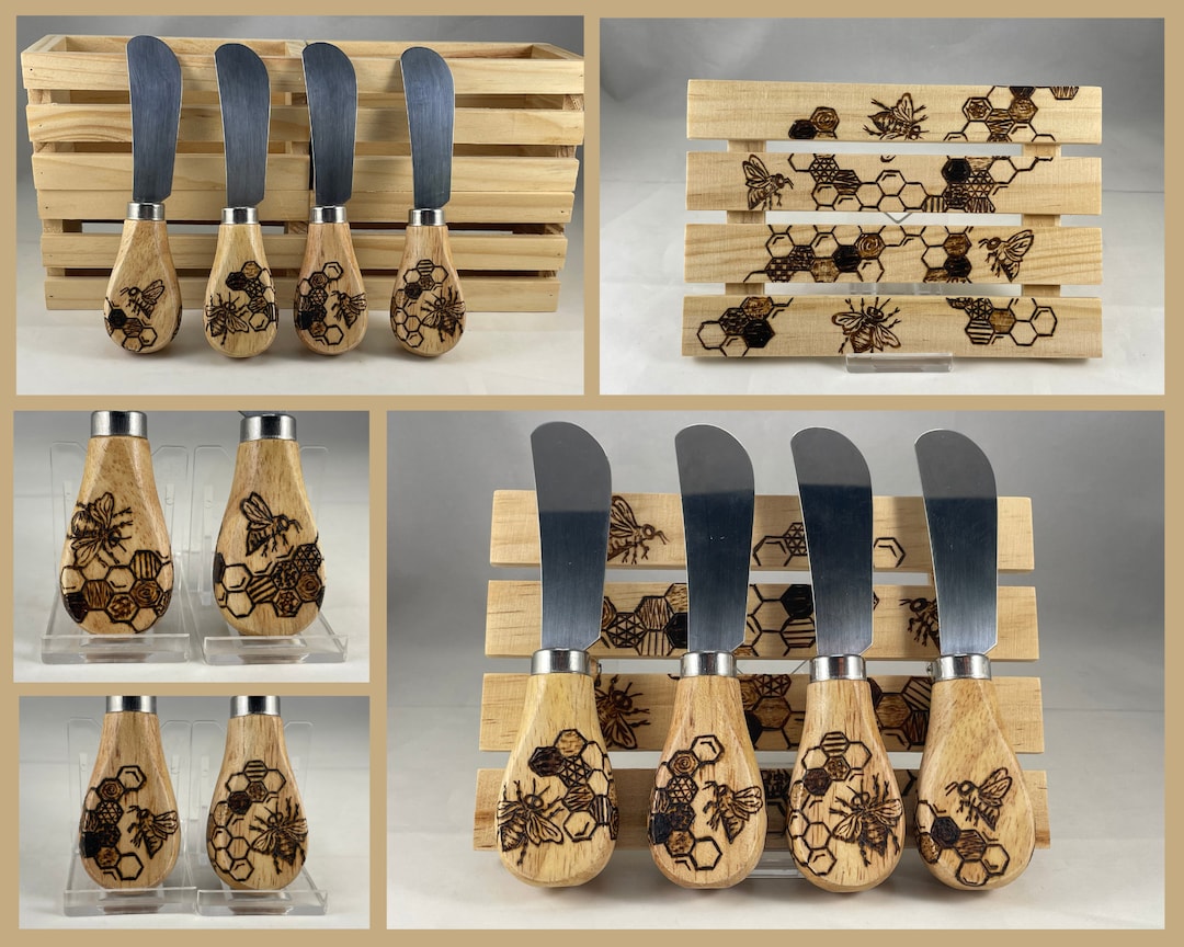 Honeybee Honeycomb Hexagons Wood Burned Cheese Knives Set of 4 Mini ...