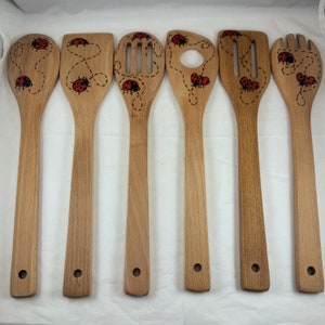 Ladybugs Wood Burned Beech Utensil Set, Pyrography Wood Burning Art ...