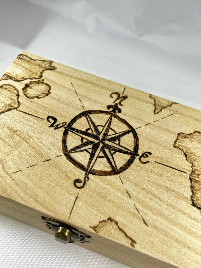 Compass & Map Wood Burn Trinket Box Wood Burn Art/Pyrography | Etsy