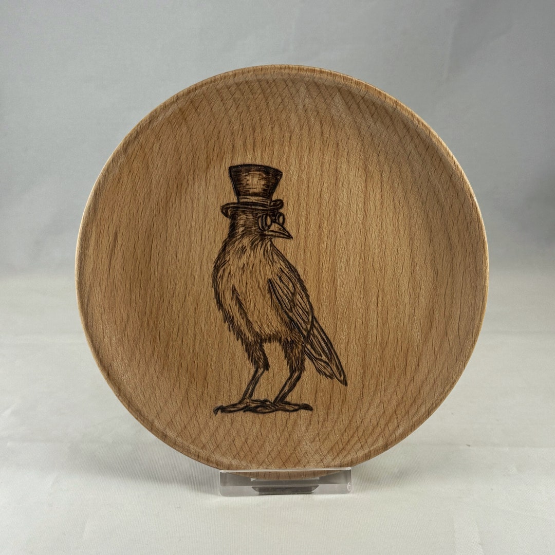 Steampunk Top Hat Crow Wood Burned Round Beech Tray | Pyrography ...