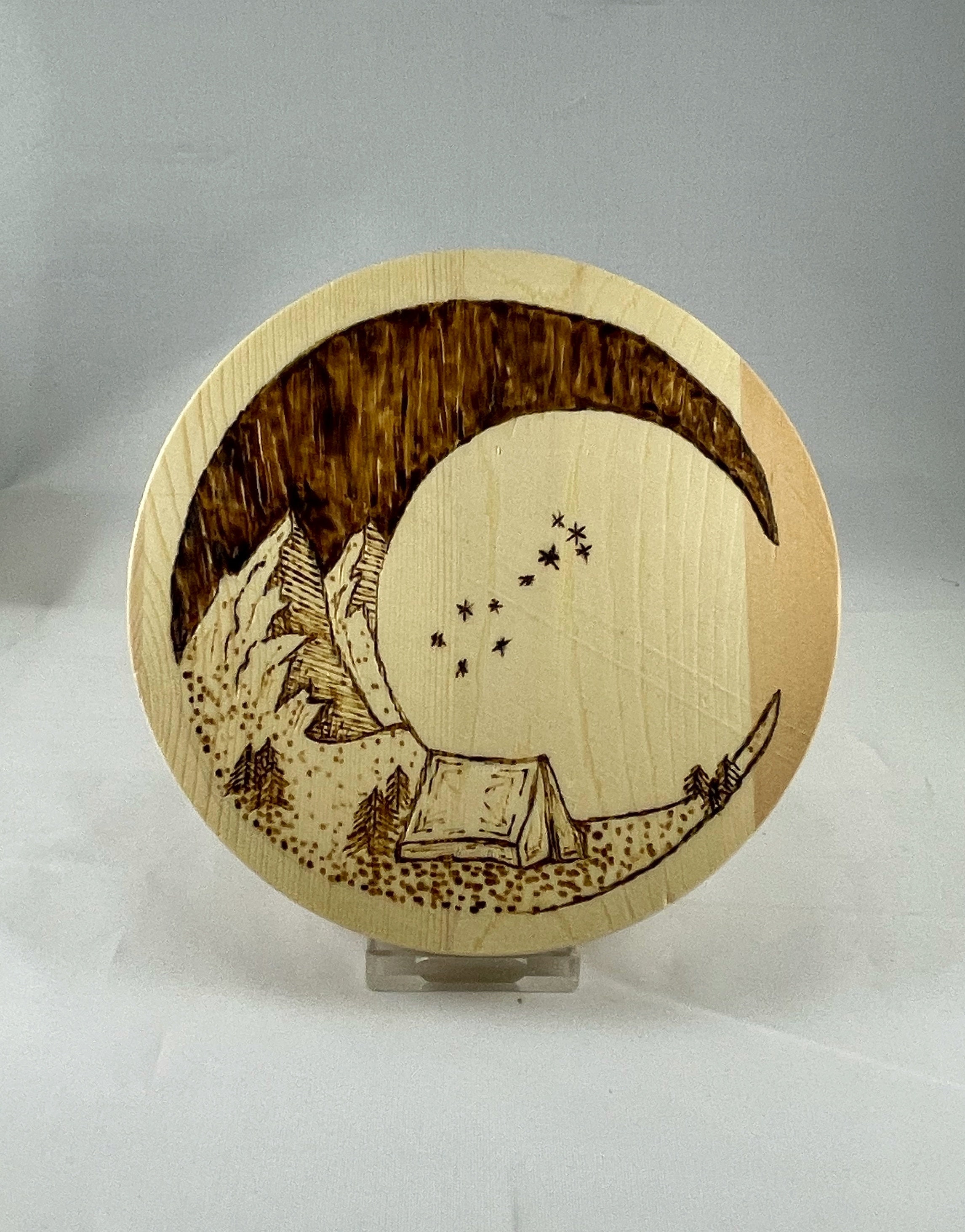 Mountains Camping Crescent Moon Wood Trivet Pyrography Wood - Etsy UK