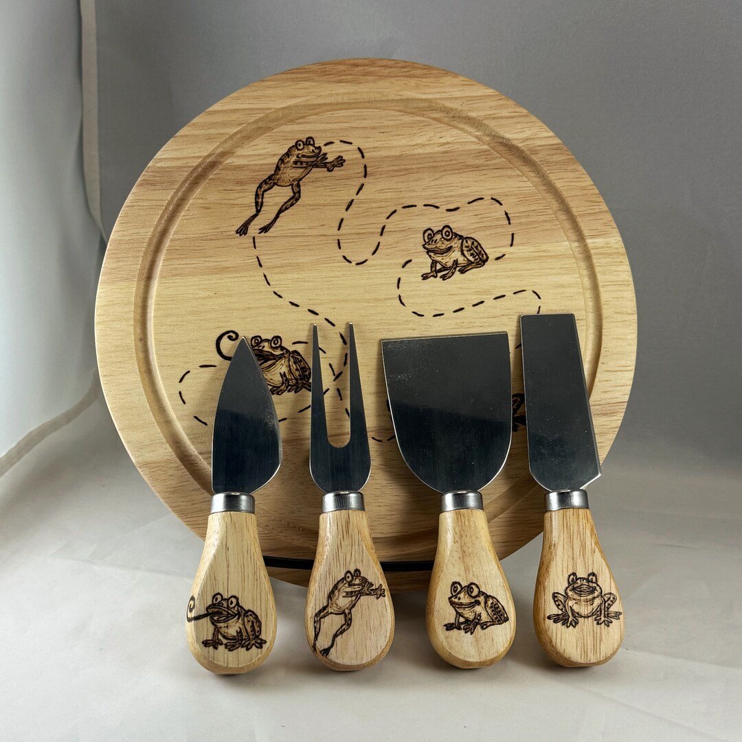 Frogs Hopping Wood Burned Cheese Board & Knife Set Pyrography/wood Burn ...