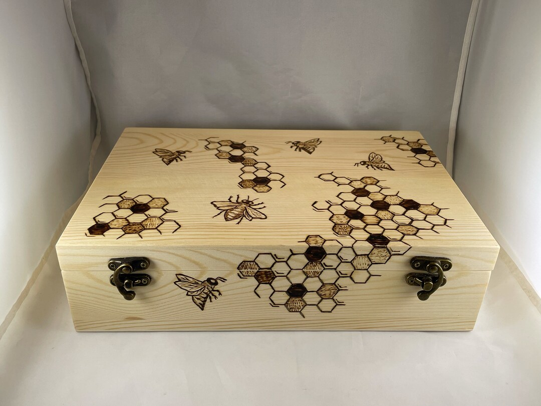 Honeybee Honeycomb Wood Burned Large Trinket Box, Pyrography Art ...