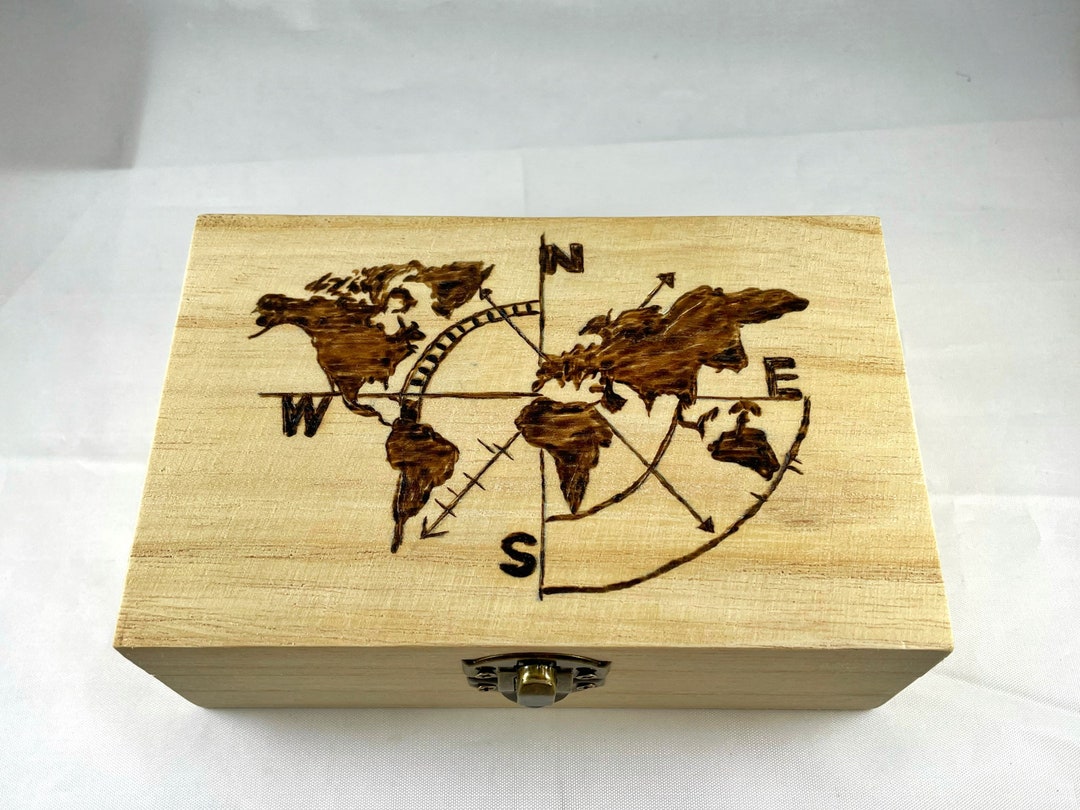 Compass & Map Wood Burn Trinket Box Wood Burn Art/pyrography Treasure ...