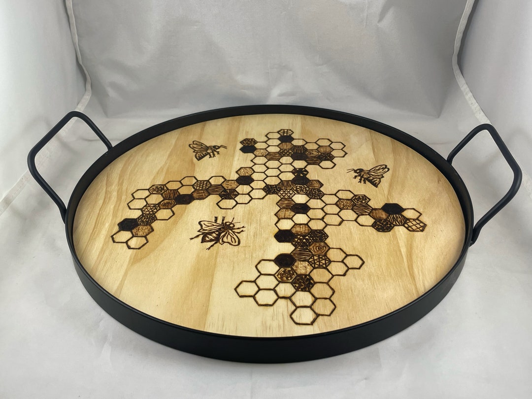 Honeybee Honeycomb Hexagons Wood Burned Tray W Handles | Pyrography ...