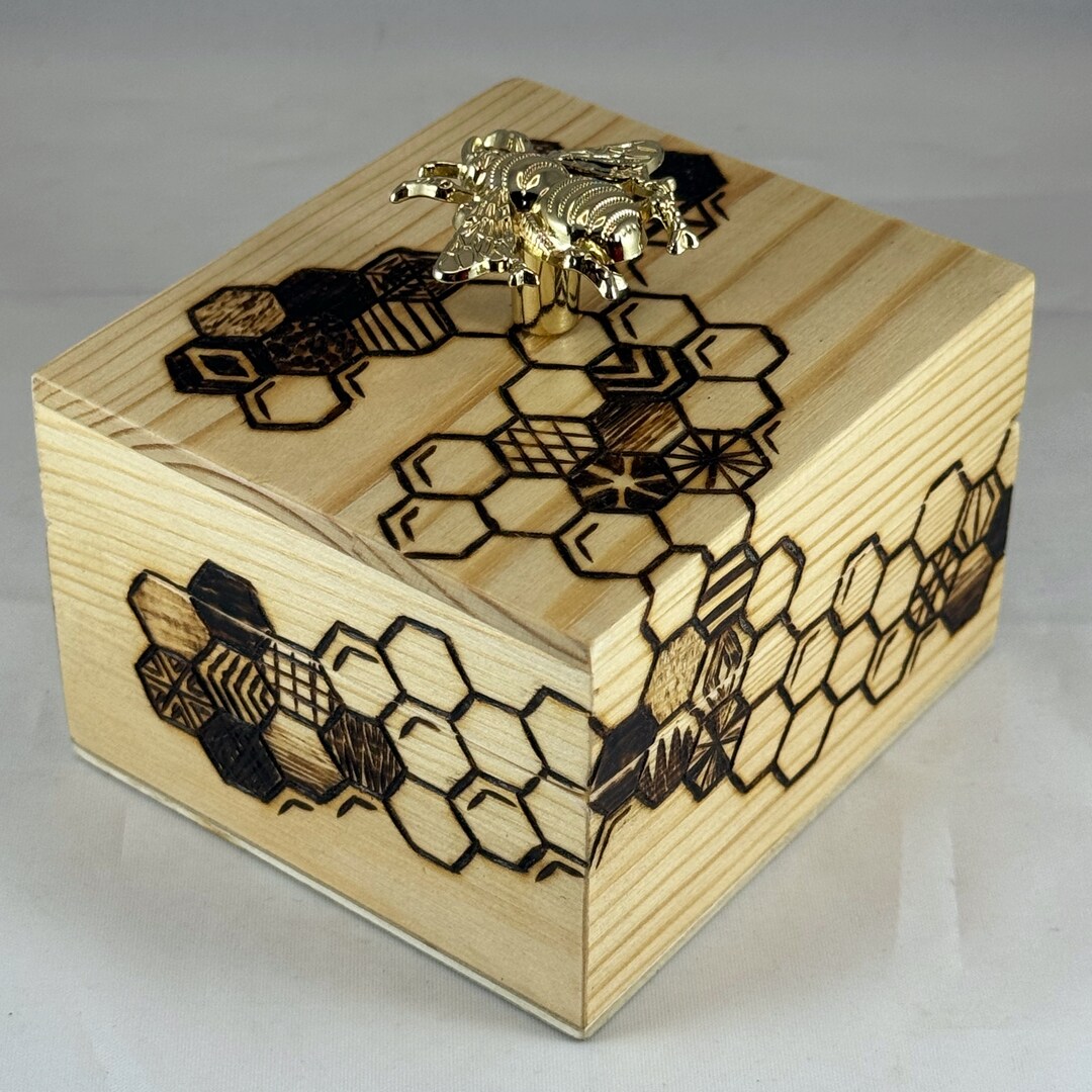 Honeybee Honeycomb Wood Burned Trinket Box With Bee Knob, Pyrography ...