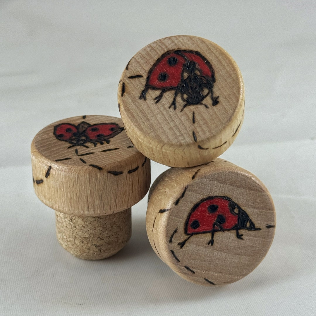Ladybugs Flying Wine Bottle Stopper Set of 3, Pyrography Wood Burning ...