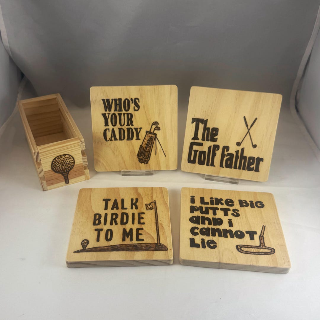 Golf Jokes Coaster Set of 4 With Caddy, Wood Burning Art Pyrography ...