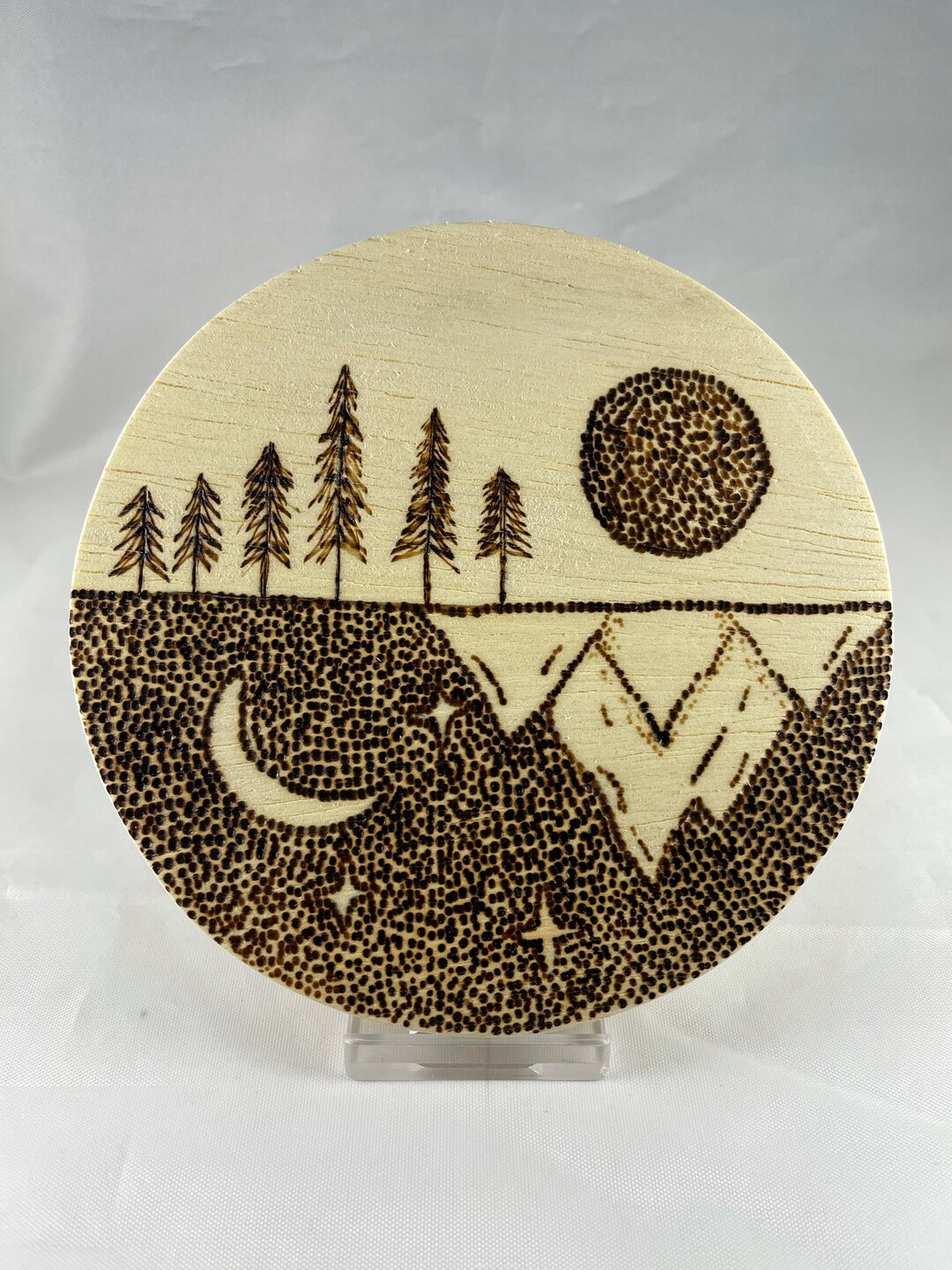 Mountains/forest + Sun/moon Yin Yang Wood Trivet | Pyrography Wood Burn ...