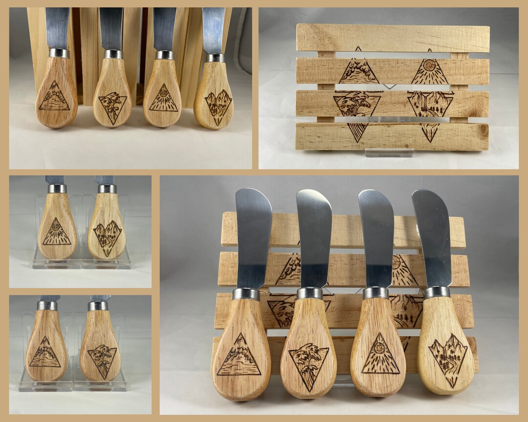 Four Elements Wood Burned Cheese Knives Set of 4 W/ Mini Pallet Trivet ...