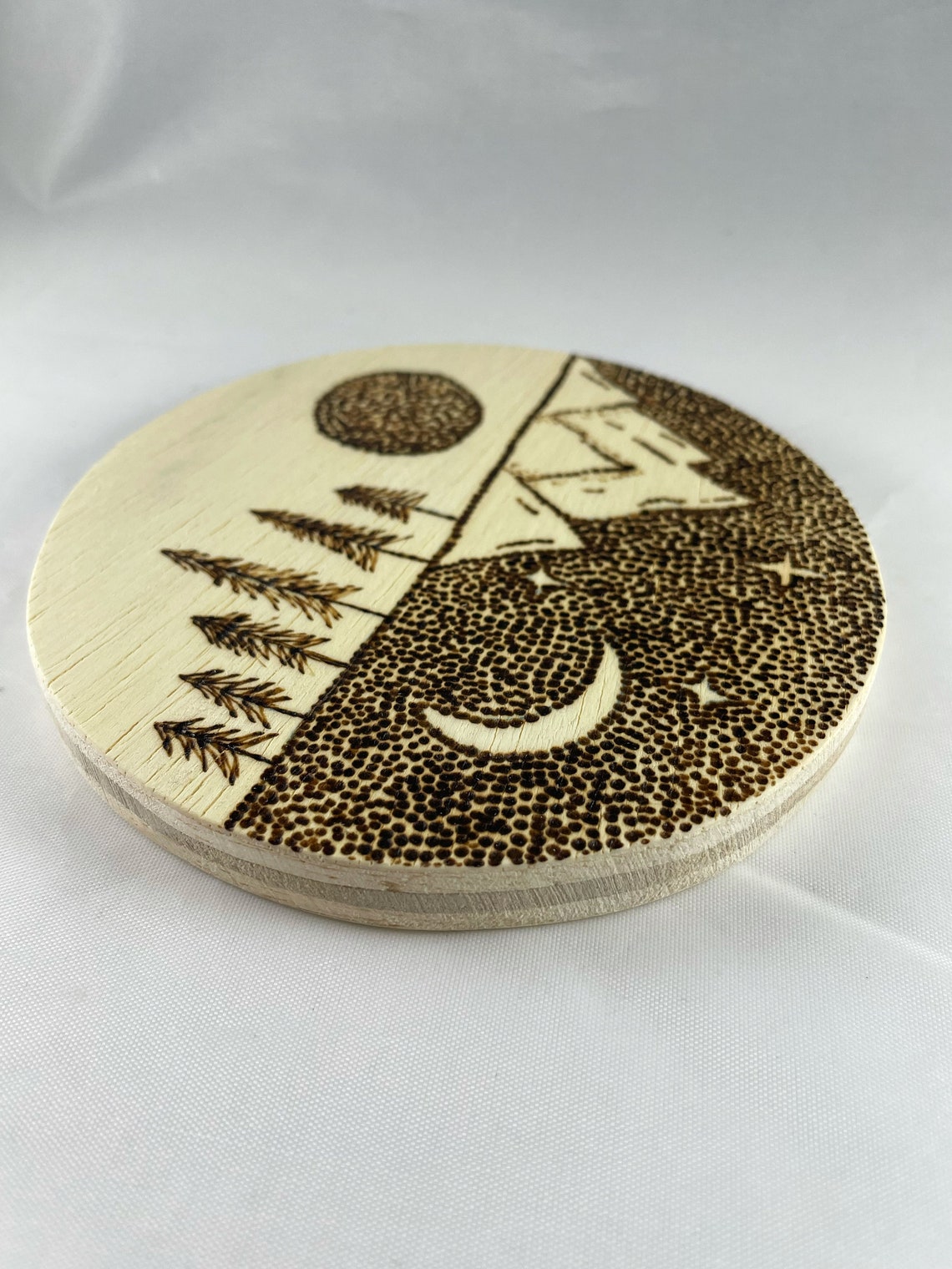 Mountains/forest + Sun/moon Yin Yang Wood Trivet | Pyrography Wood Burn ...