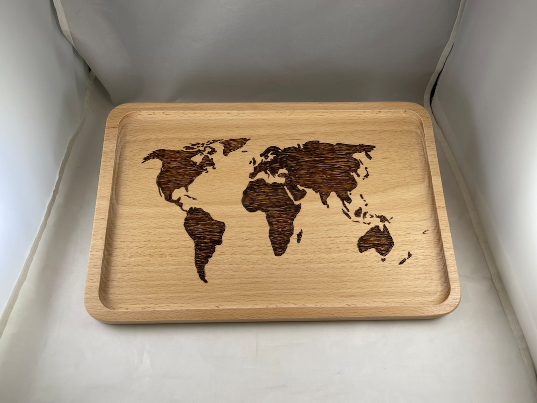 World Map Wood Burned Tray |pyrography/wood Burn Art | Kitchen Decor ...