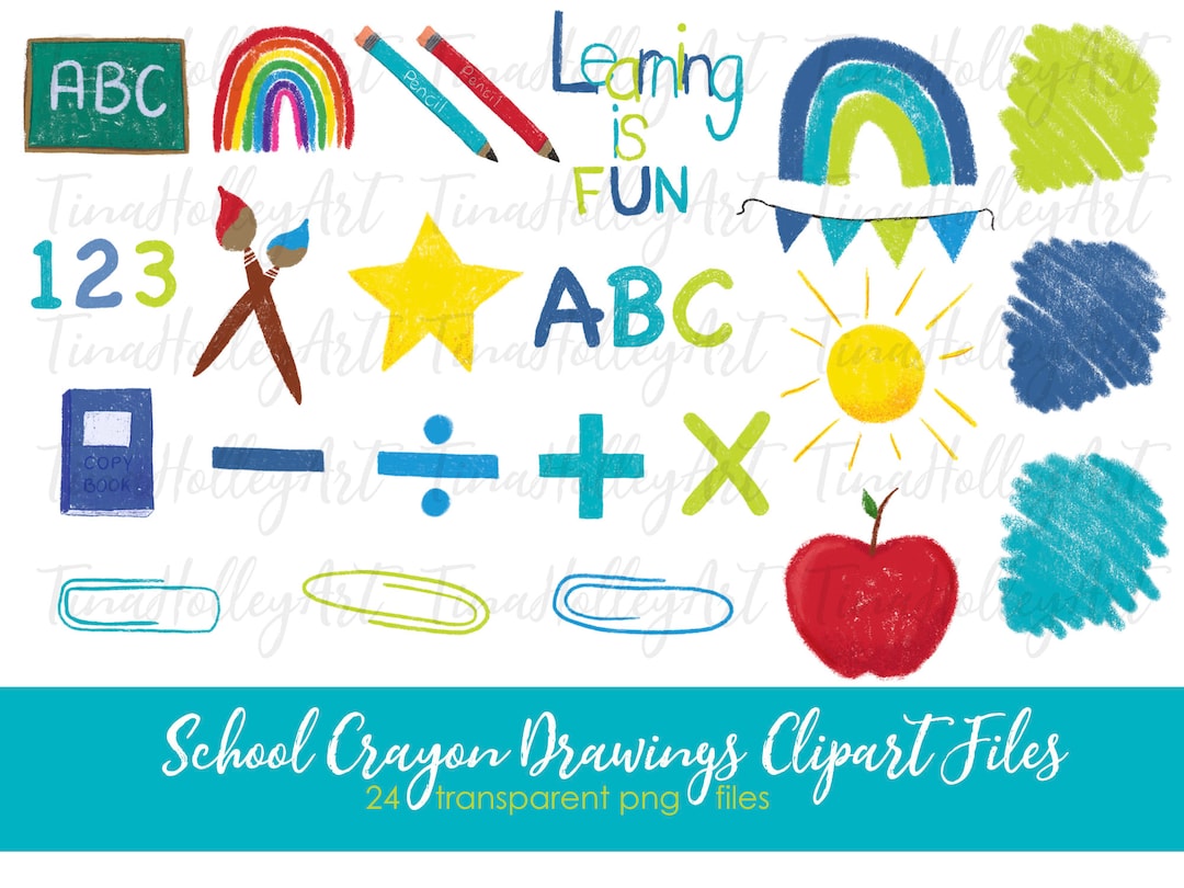 School Clipart Crayon Drawings, Back to School Png, Printable Teacher ...