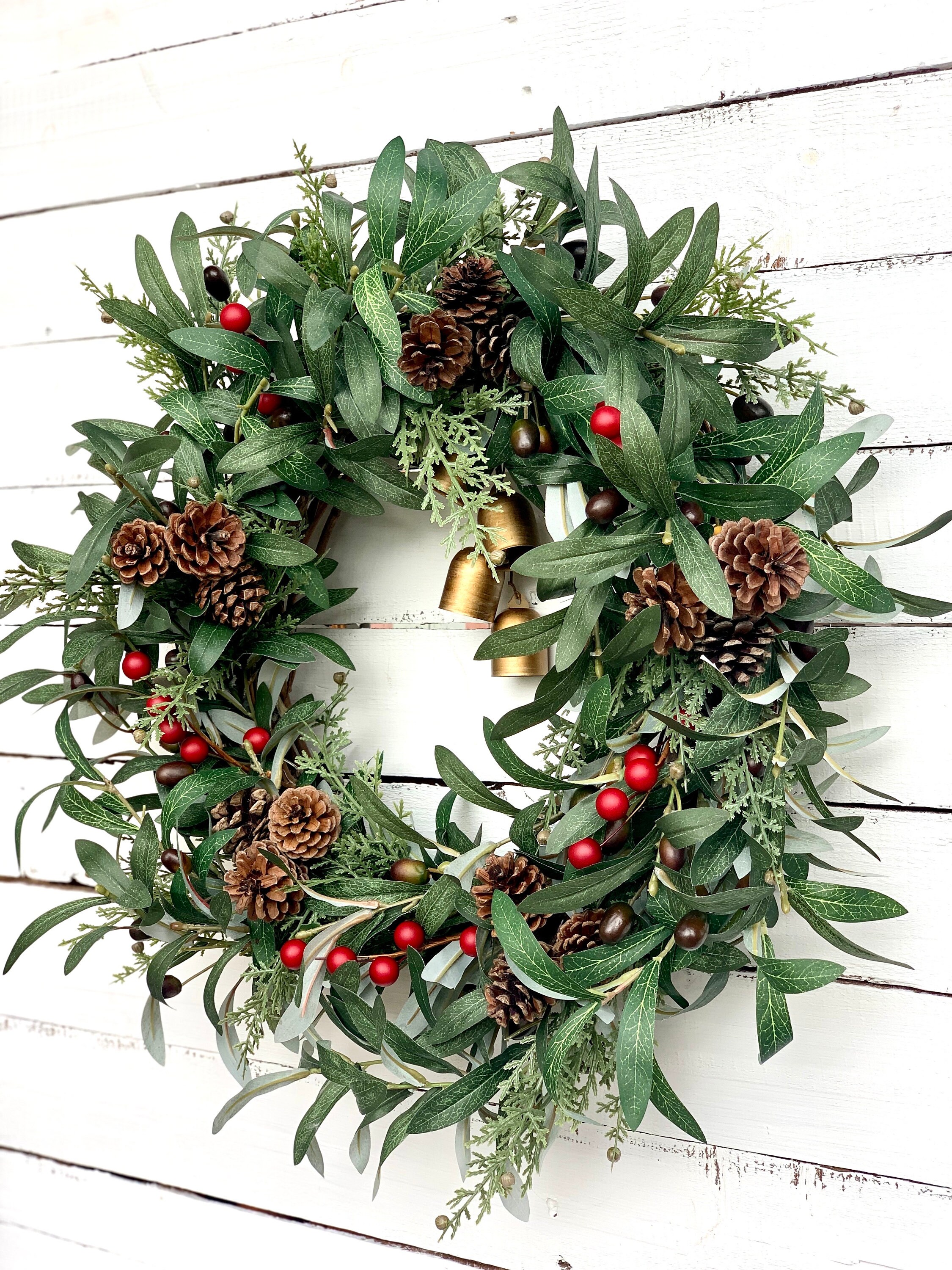 Olive Branch Christmas Wreath With Red Berries, Holiday Farmhouse ...