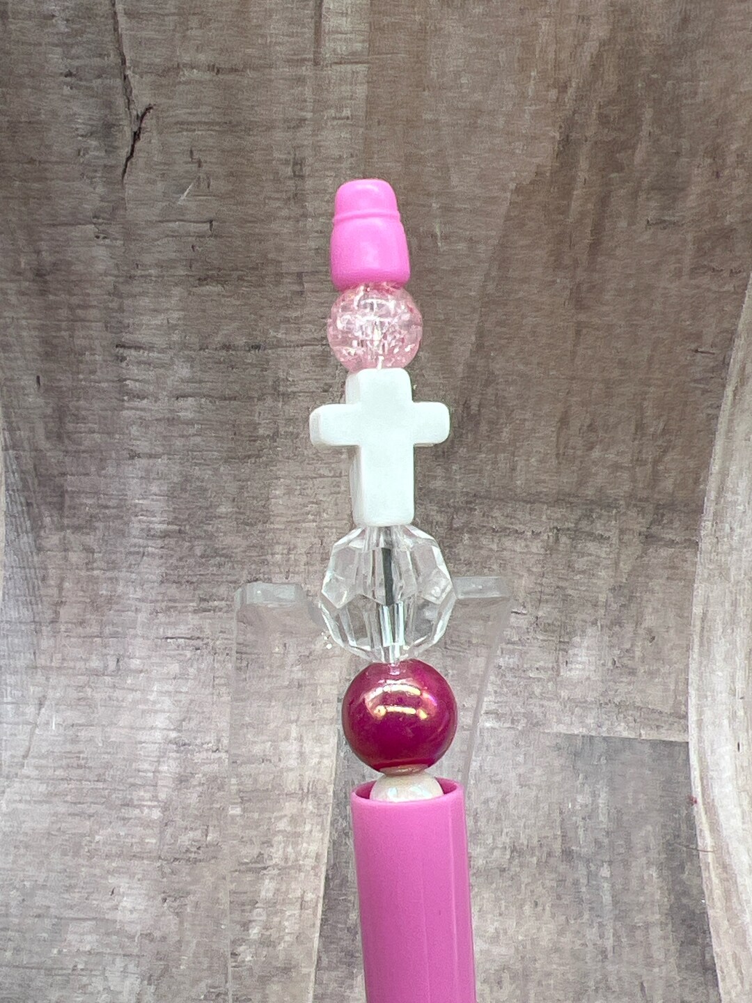 Pink and White Cross Beaded Pen Beaded Black Ink Pen Religious Ink Pen ...