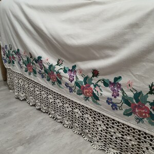 Hand Embroidered Ukrainian Bed Sheet Valance Antique Vintage Romanian ...