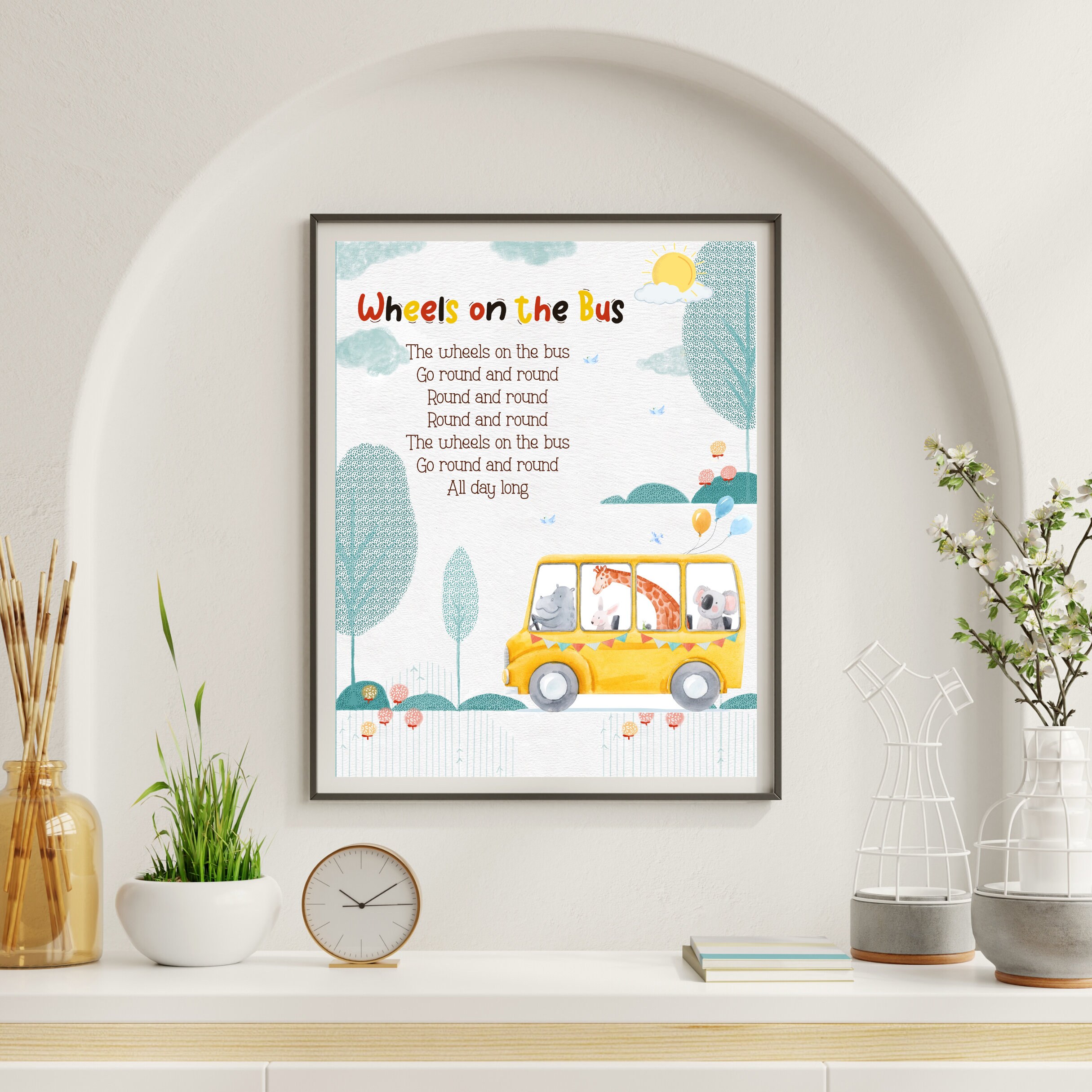 The Wheels on the Bus Nursery Rhyme Printable Art - Whimsical Art for ...