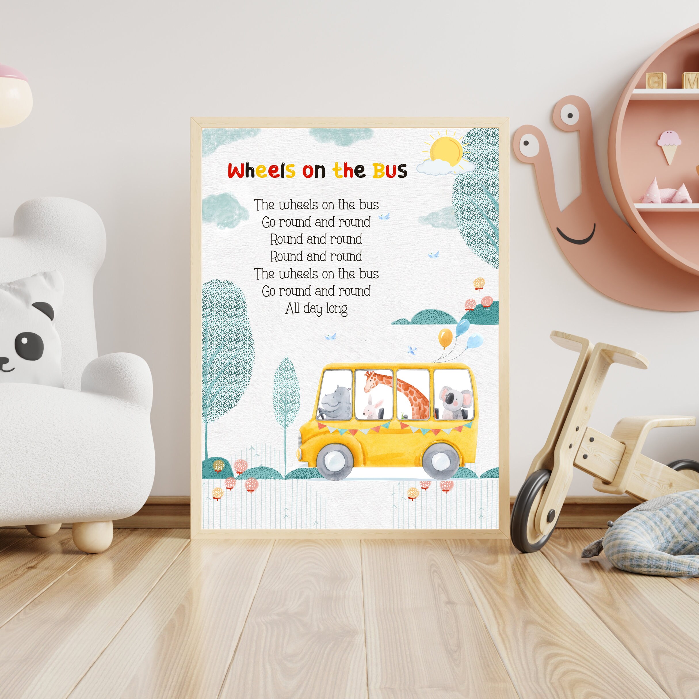 The Wheels on the Bus Nursery Rhyme Printable Art - Whimsical Art for ...