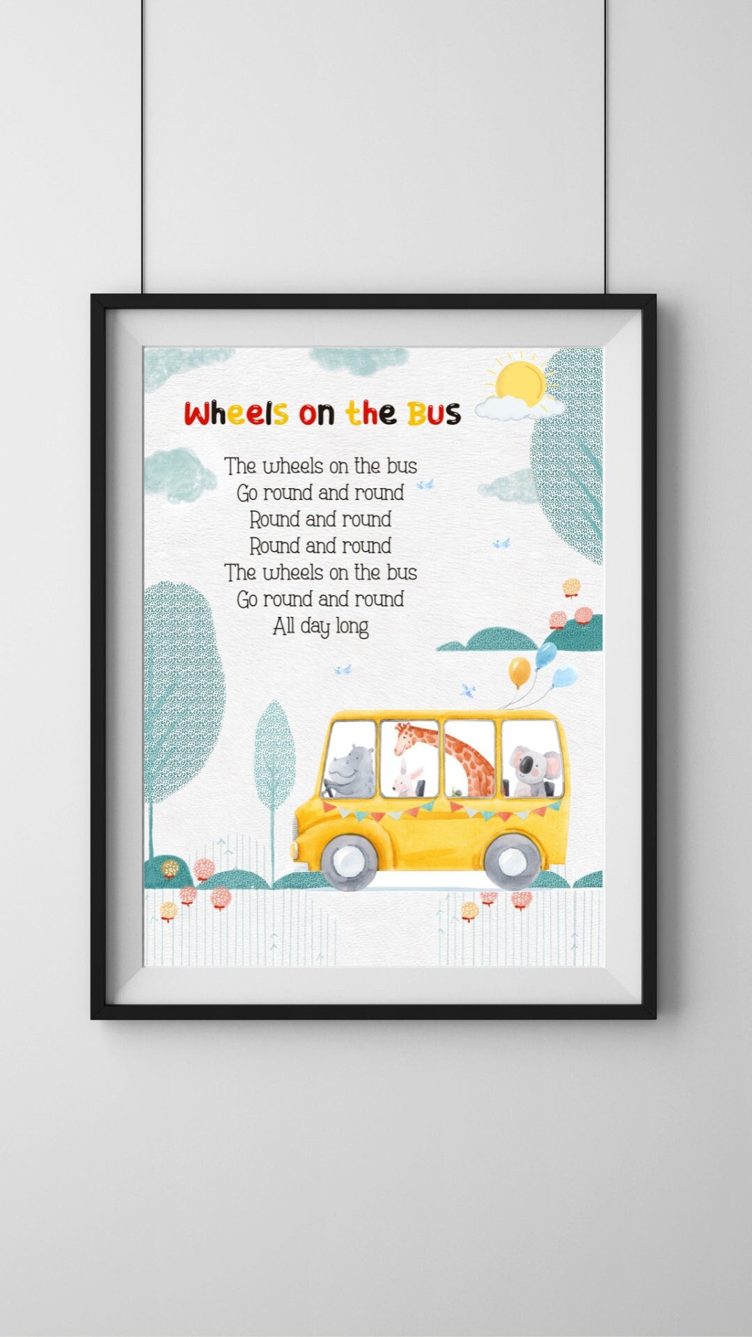 The Wheels on the Bus Nursery Rhyme Printable Art - Whimsical Art for ...