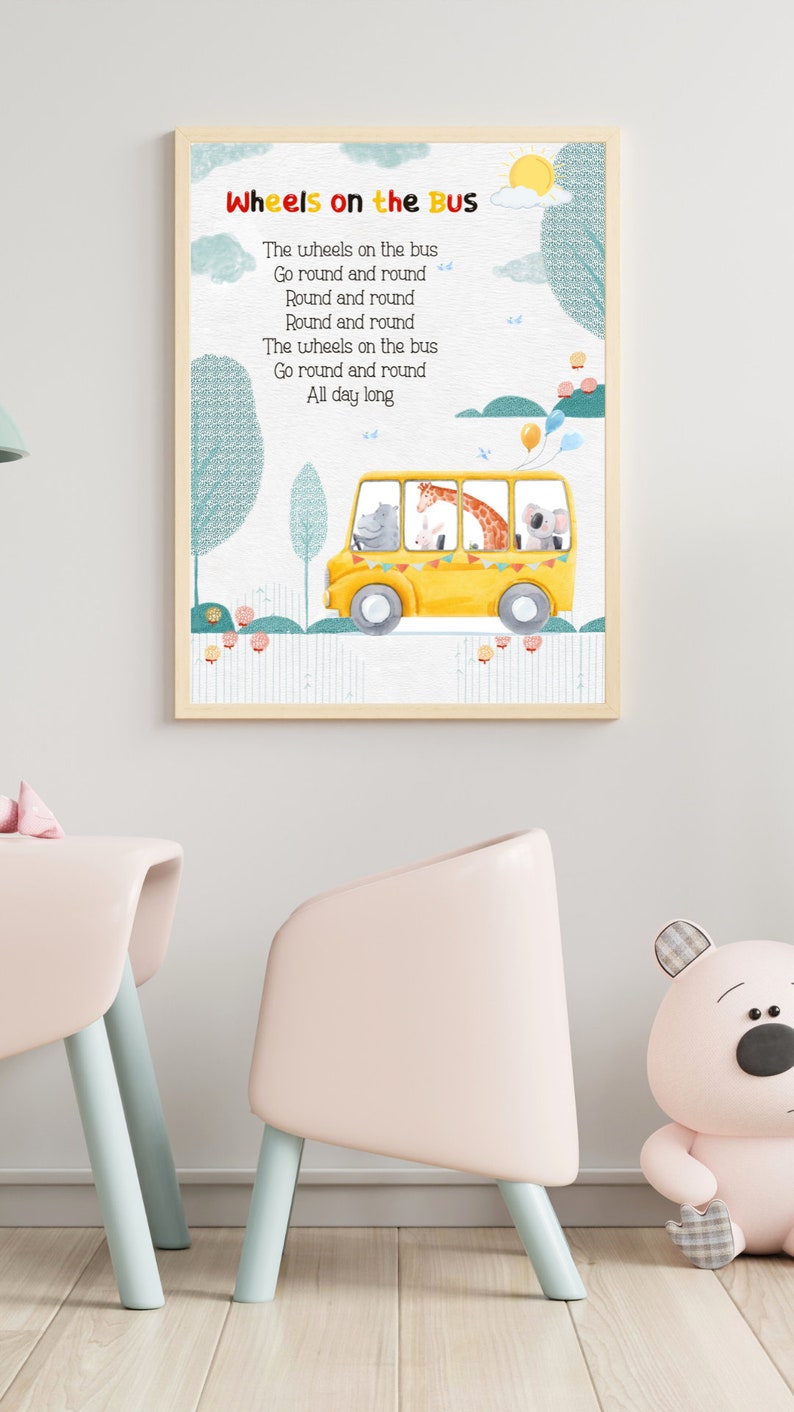 The Wheels on the Bus Nursery Rhyme Printable Art - Whimsical Art for ...